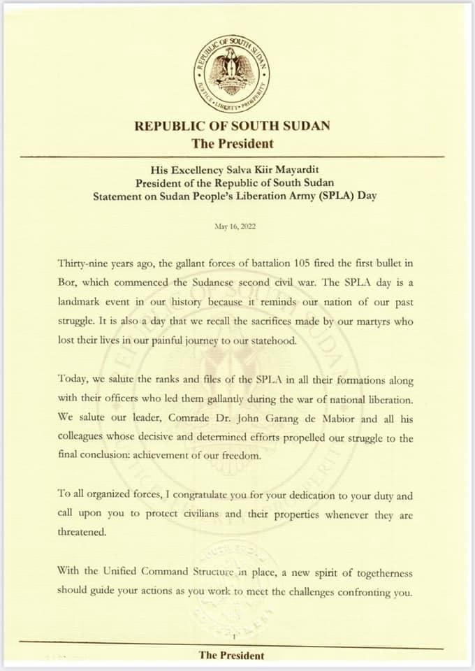Statement by His Excellency President Salva Kiir Mayardit on Sudan ...